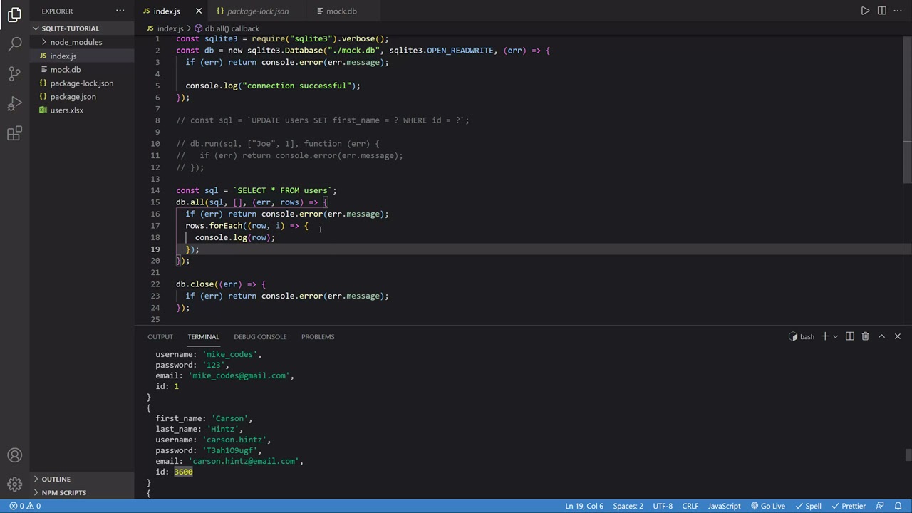 Node JS SQLite tutorial - How to update and delete data from a table in a database using JavaScript
