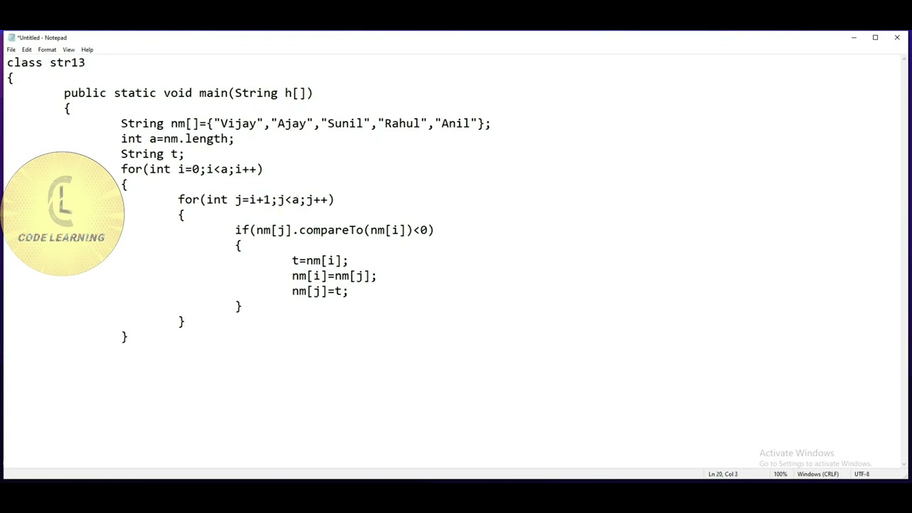Java | sorting strings in ascending order | CodeLearning
