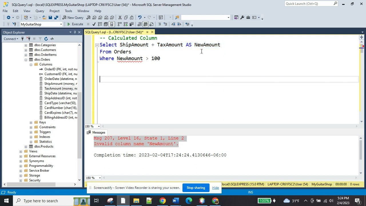 Calculated Column in Select Clause