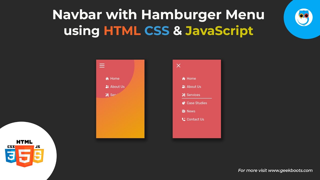 How to create a Responsive Menu Bar with Hamburger Menu using HTML CSS & JavaScript | Geekboots