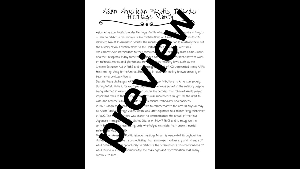 Asian American Heritage Month  Reading Comprehension Worksheet