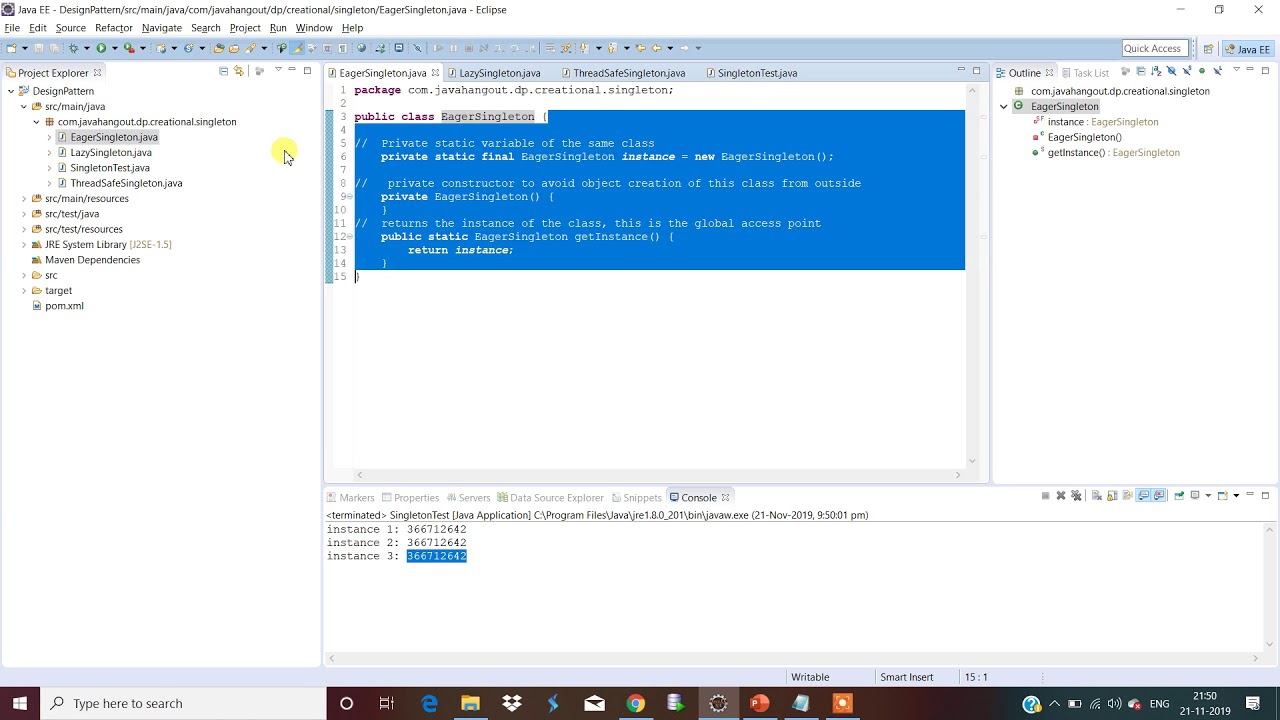 Java Singleton Pattern Implementation / Eager / Lazy / Tread Safe Singleton