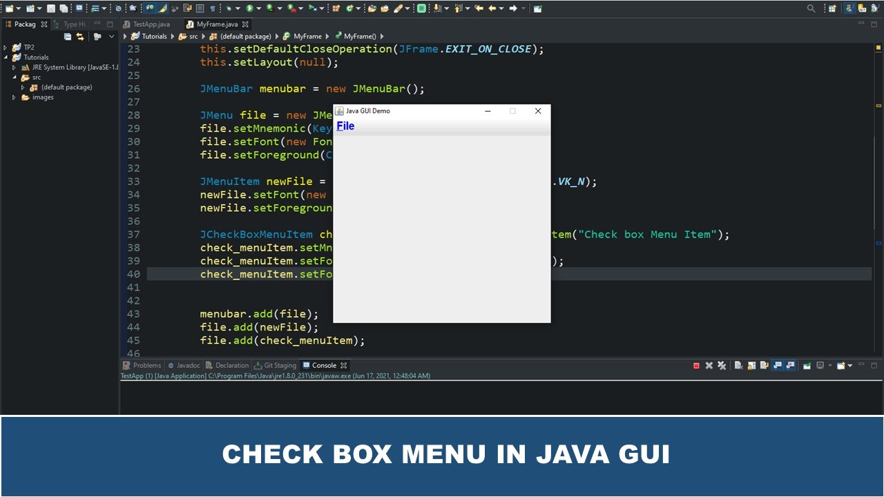 Java GUI Tutorial #50 - Check Box Menu In Java GUI Using JCheckBoxMenuItem Class