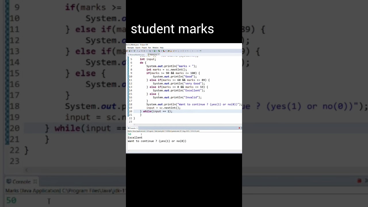 find students grade upon student marks #java #coding #shorts