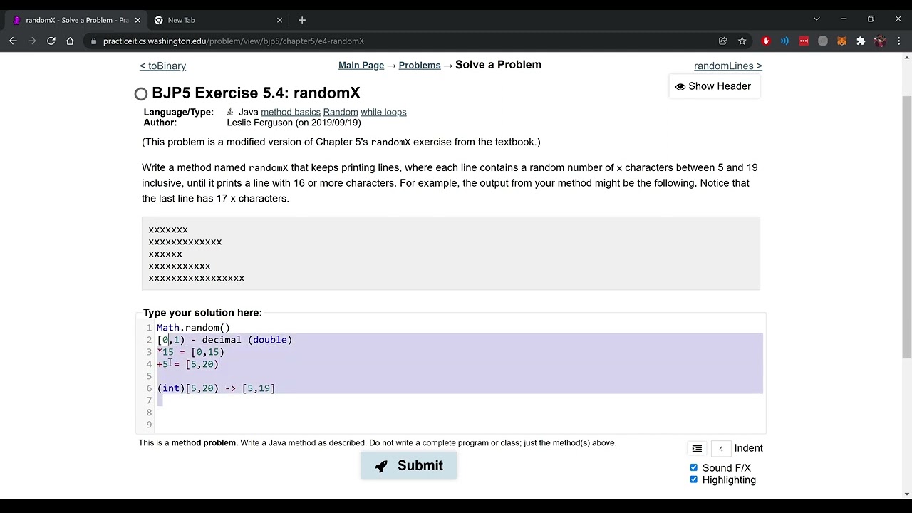 Exercise 5.4 (randomX) Java Tutorial || Practice-It