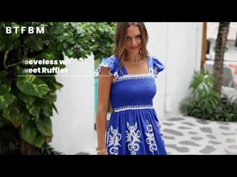 Womens Relaxed Fit Half Sleeve Waisted Midi A Line Dress Blue White Fren please check the desciption