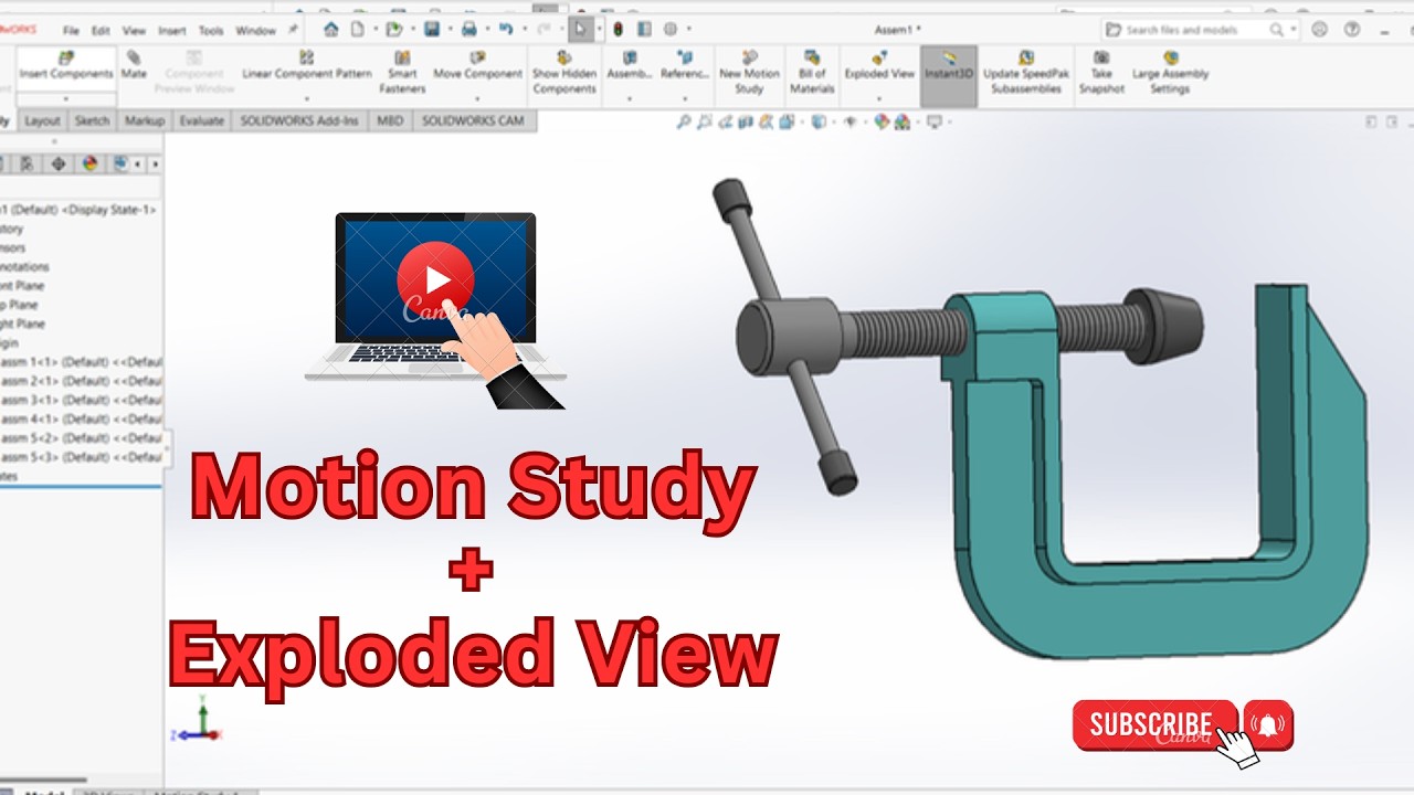 SolidWorks C-Clamp Motion Study & Exploded View | Step-by-Step Tutorial