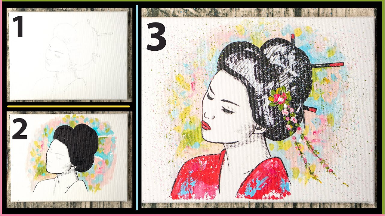 How to draw Geisha in spring step by step / Acrylic painting / Homemade Illustration