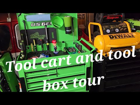 US General 5 drawer tool cart and Husky 5 drawer single bank cabinet tour of my home setup
