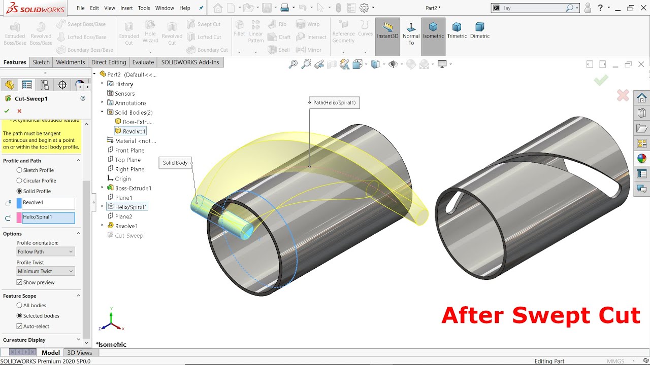 Swept Cut with Solid Profile in Solidworks