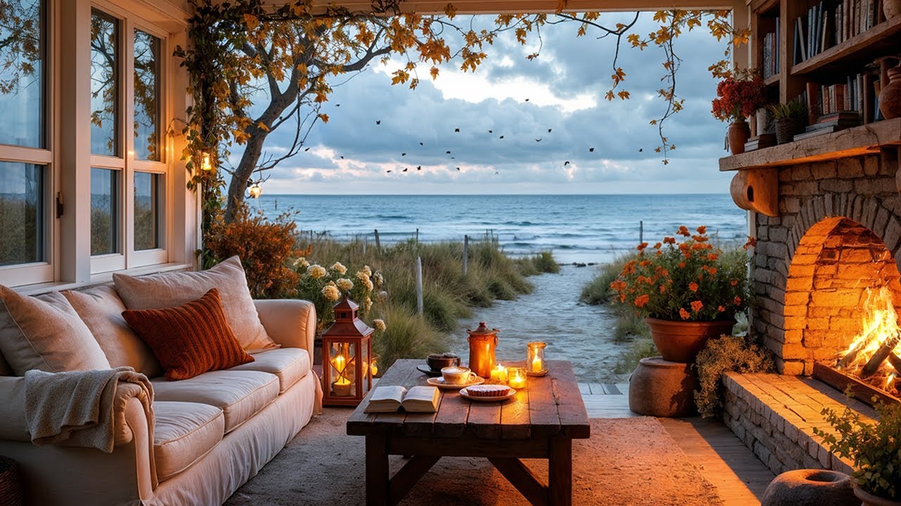 Autumn Beach Cottage with Crackling Fire & Ocean Waves 🌊🔥 | Peaceful Porch Ambience for Relaxation