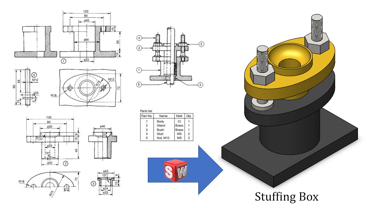Stuffing box Parts and Assembly using SOLIDWORKS | SOLIDWORKS tutorials for beginners