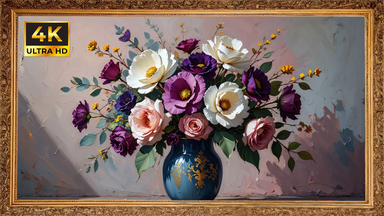 Elegant Purple & White Rose Bouquet | Gold Framed 4K Art Screensaver | Romantic Floral TV Wallpaper