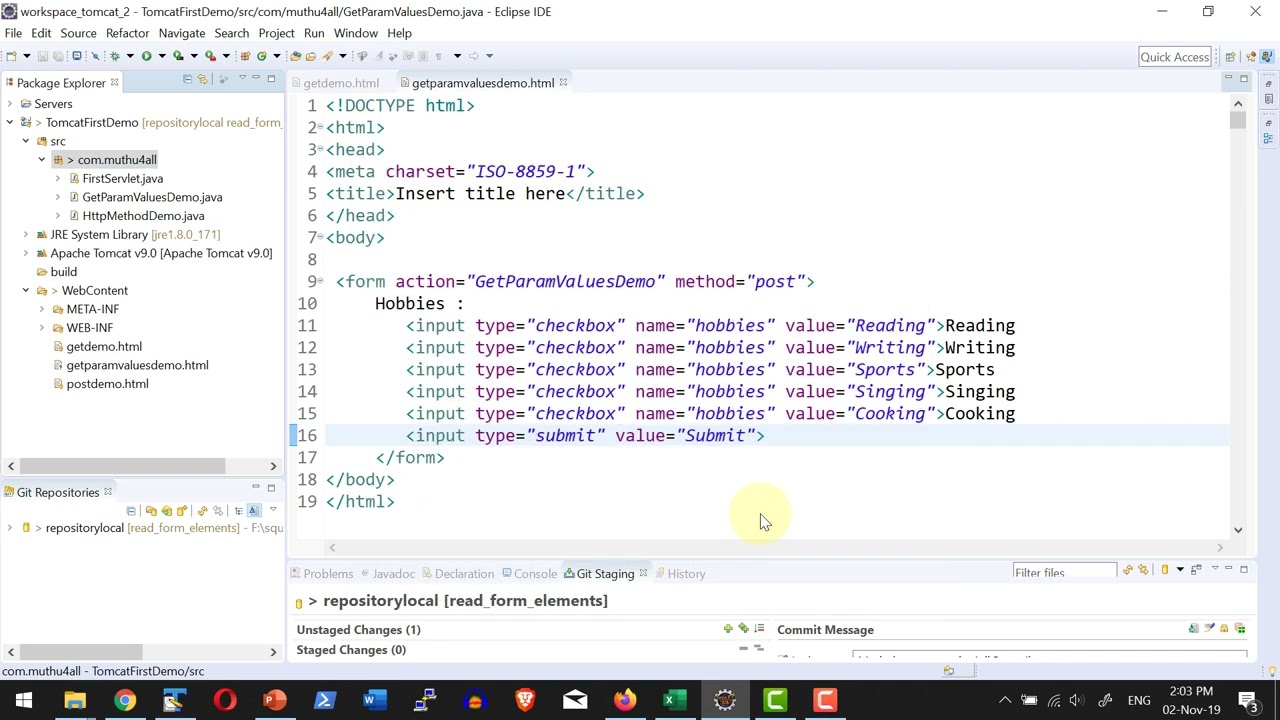 Apache Tomcat - JSP - Servlet -  Read form elements checkbox - Video 18