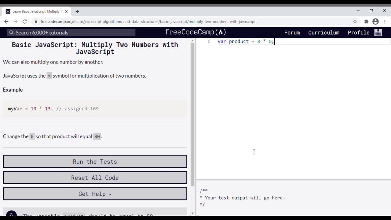 11 - Learn Basic JavaScript - Multiply Two Numbers with JavaScript