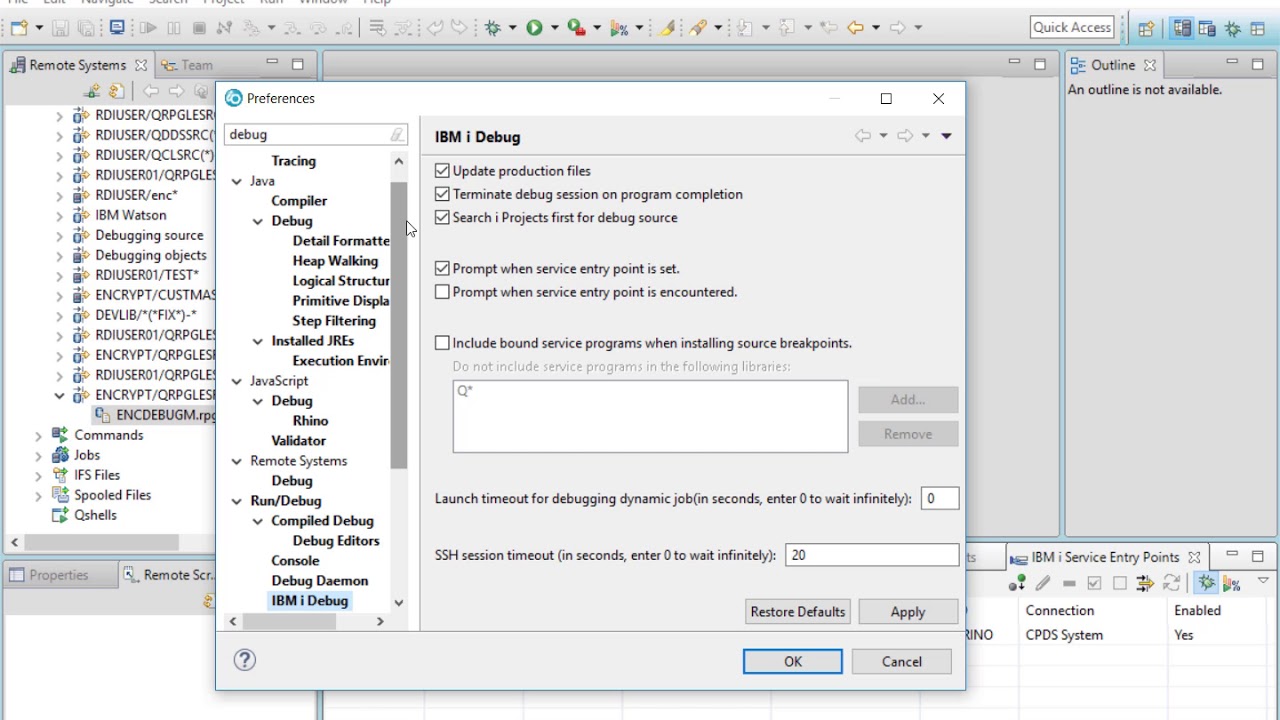 Changing RDi debugging SEP preferences