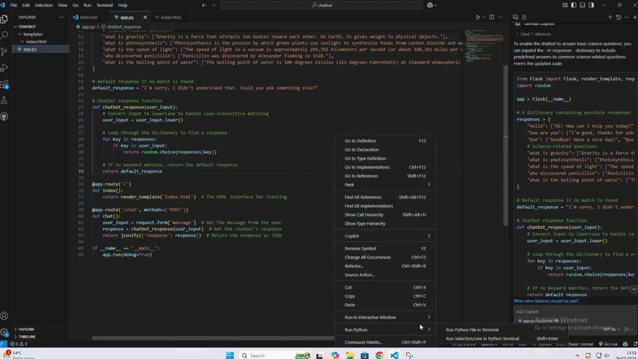 Simple chatbot using python flask, html and css