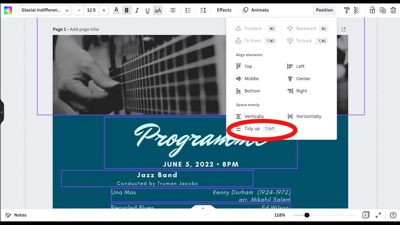 Quick Tips for Using Canva to Create a Concert Program: The Tidy Up Feature