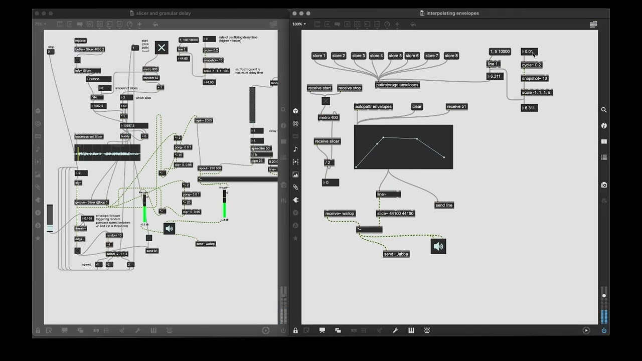Max MSP random sample slicer, delay and interpolating envelopes