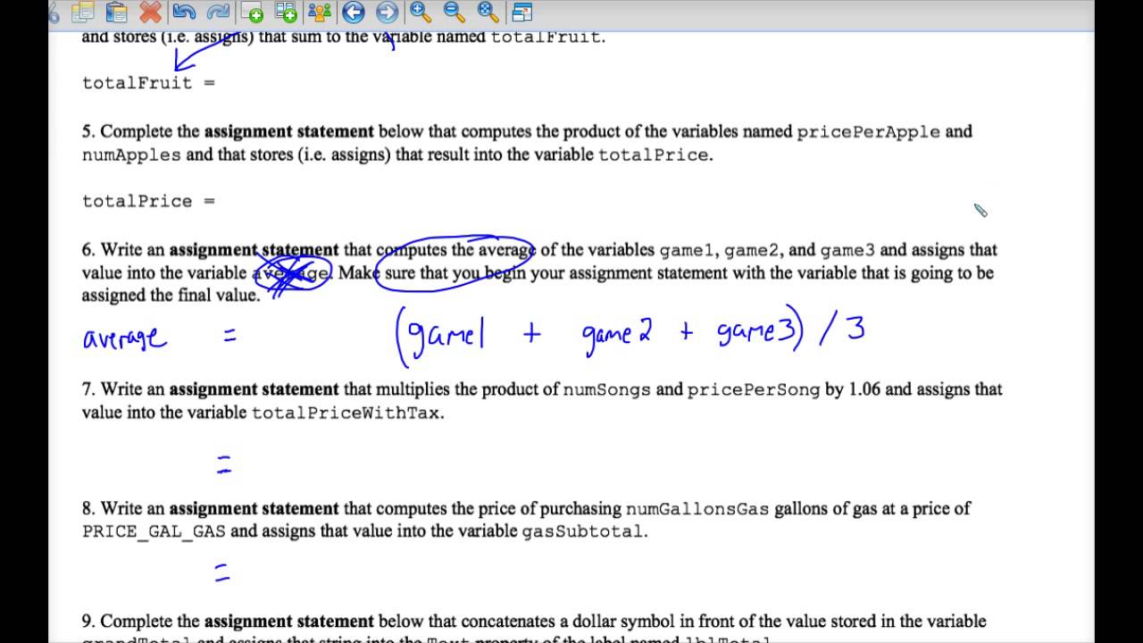 VB Writing Assignment Statements Worksheet #1