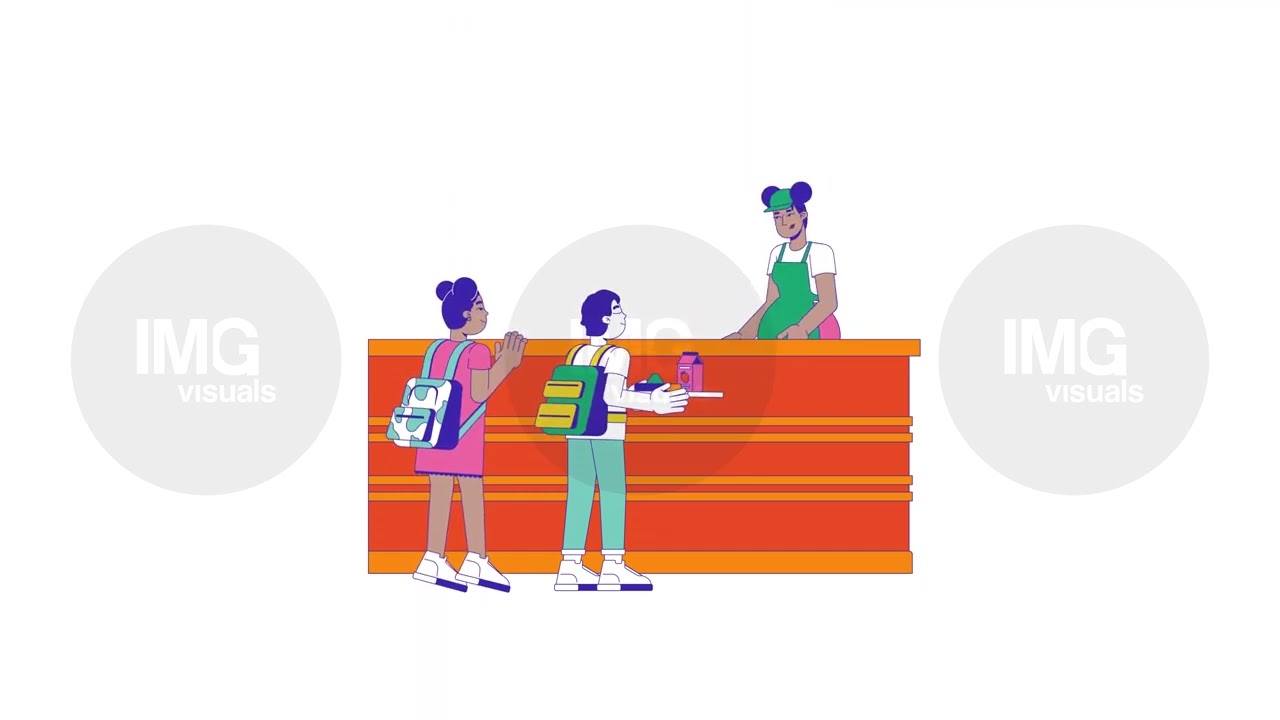 Lunch lady canteen snack bar with hungry kids 2D characters animation