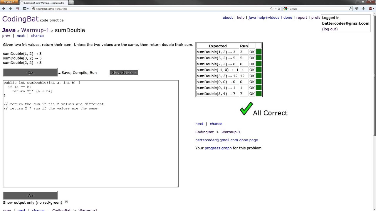 CodingBat - Java Warmup-1 Solution - sumDouble