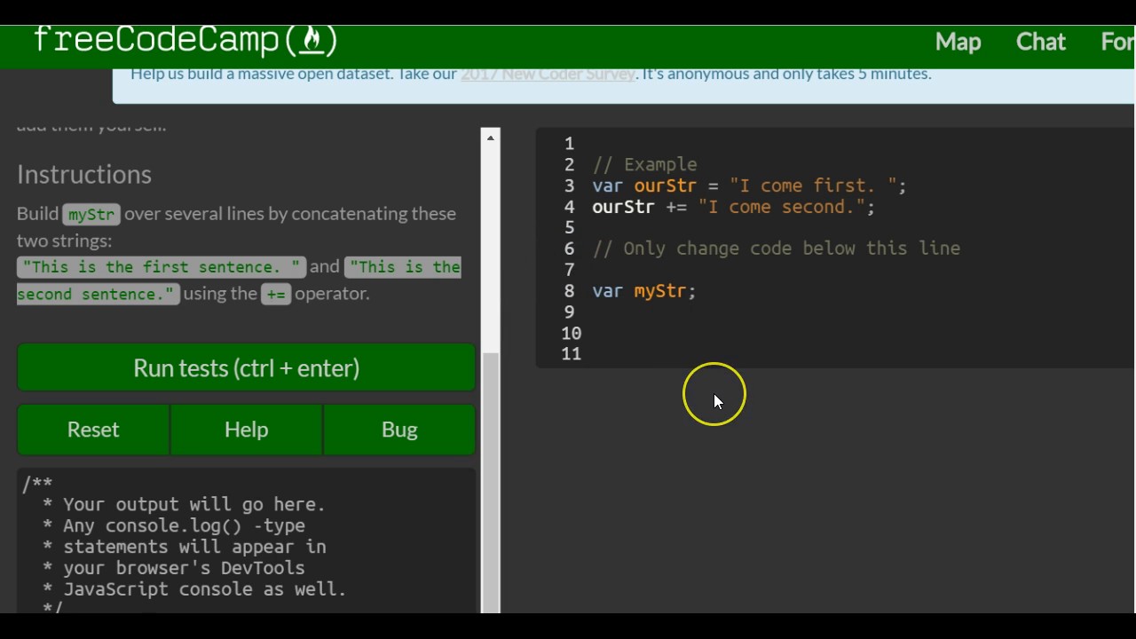 Concatenating Strings with the Plus Equals Operator, freeCodeCamp Basic Javascript