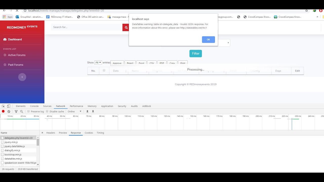 DataTables warning: table id=example - Invalid JSON response. For more information about this error