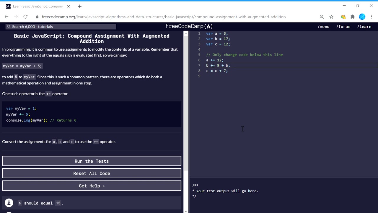 Basic JavaScript (18/111) | Compound Assignment With Augmented Addition | freeCodeCamp