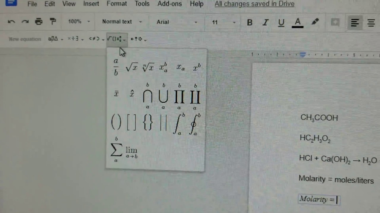 How to type subscripts and equations in google docs