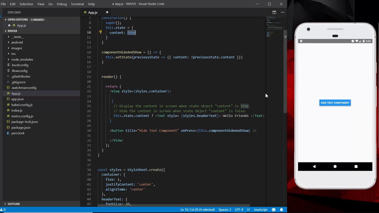 Hiding and showing any component in react native application
