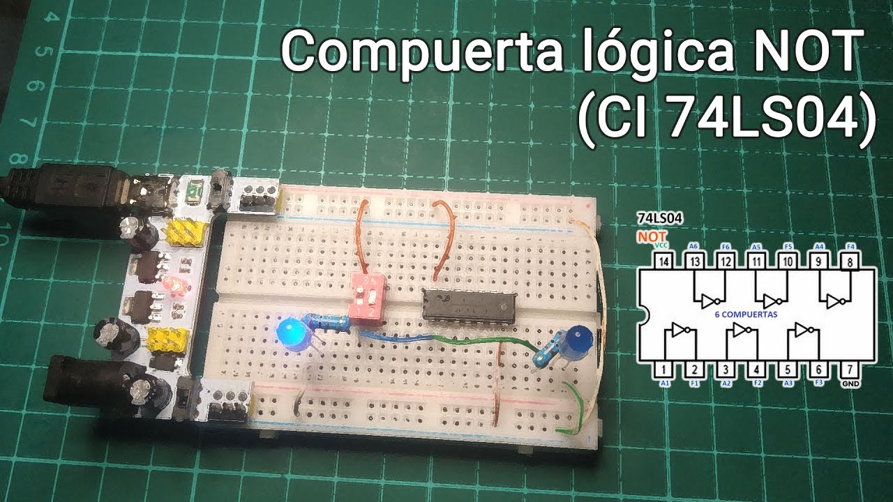 Compuerta lógica NOT en protoboard (CI 74LS04)