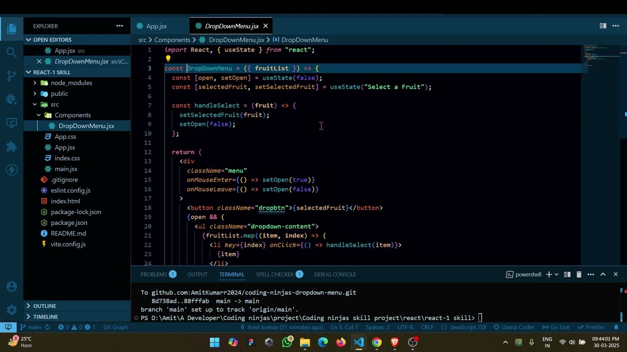 Coding Ninjas drop down menu react project