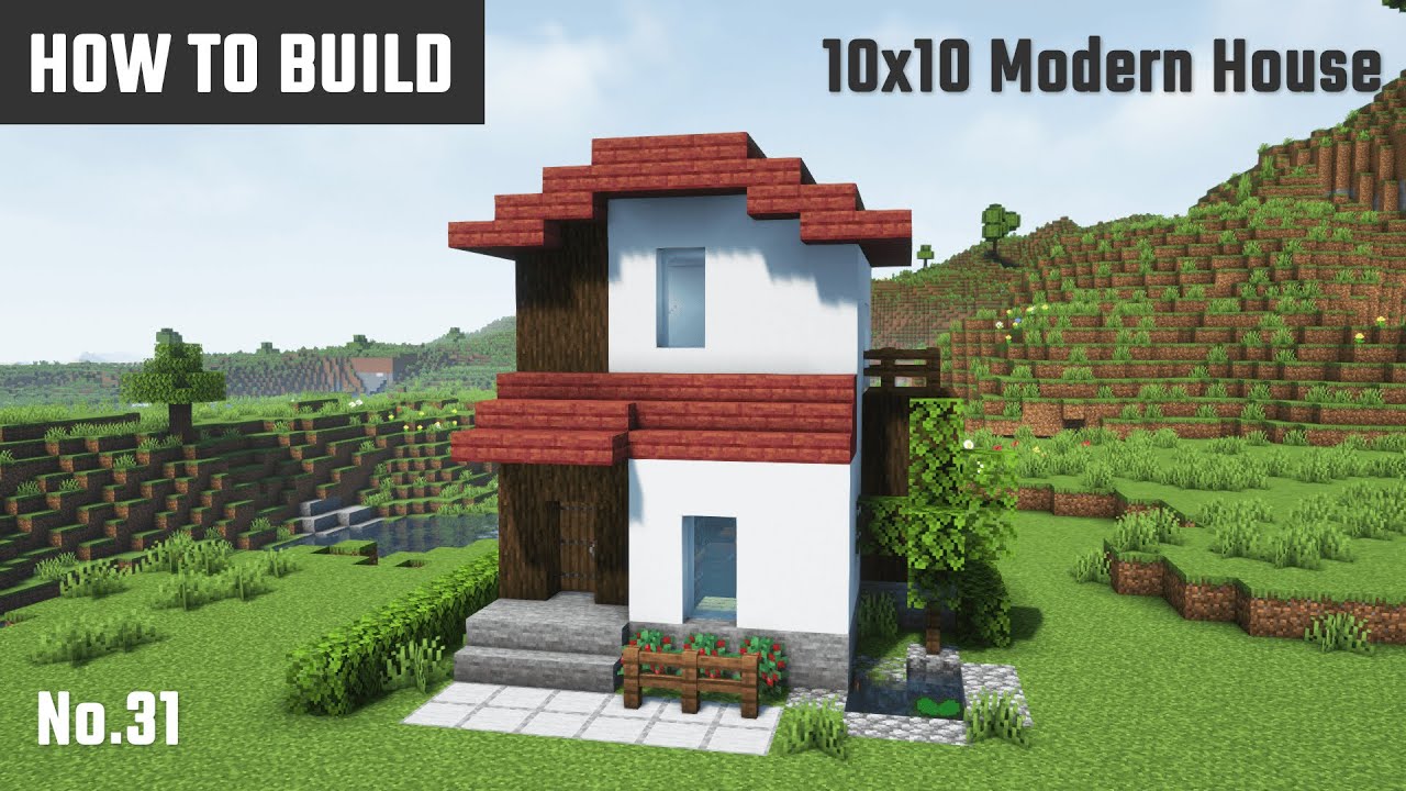 マイクラ建築：おしゃれでモダンな赤い屋根の小さな家の作り方。10x10ブロックで簡単に。No.31【Minecraft ...
