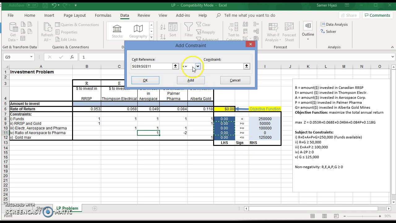 Using Solver in Excel (Office 365) to solve Linear Programming Problem.
