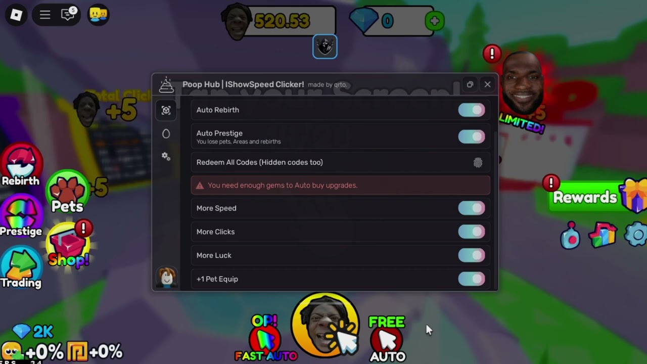 Ishowspeed clicker script – (AutoClick, AutoRebirth)