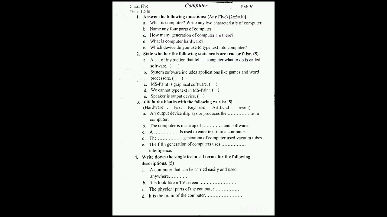 class 5 computer question paper