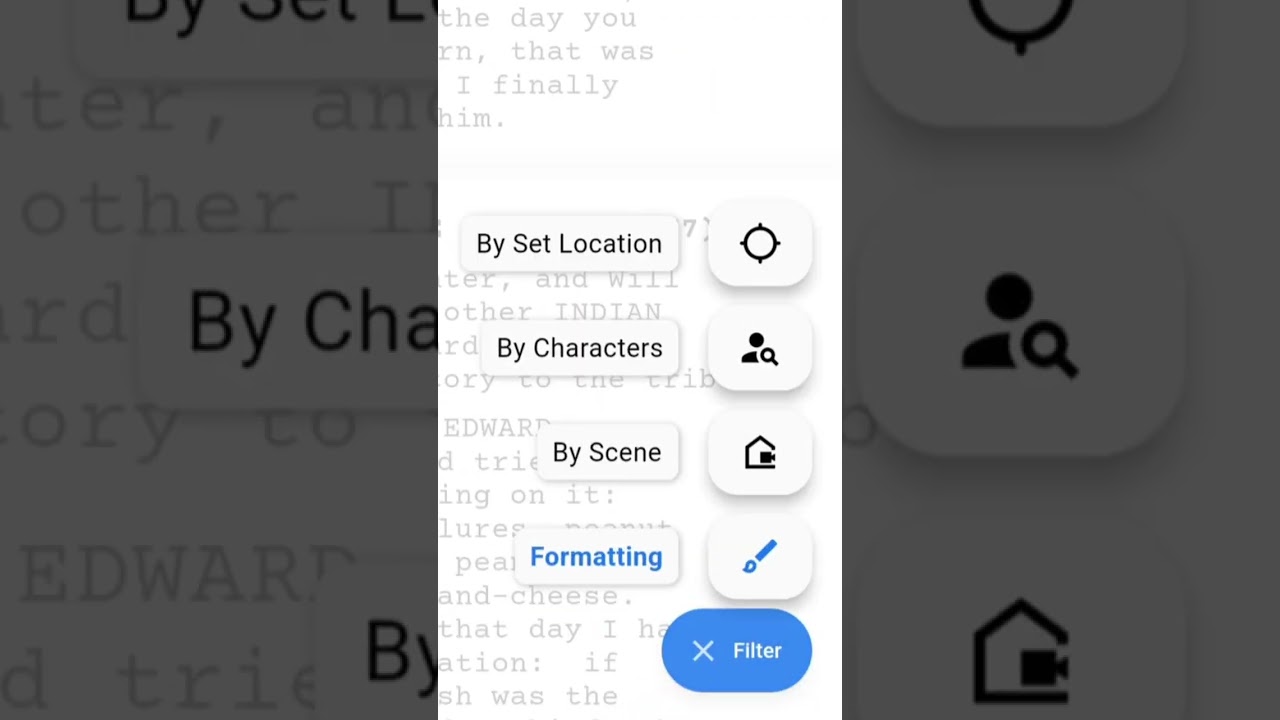 How to filter scenes of film script/screenplay by character, set location, scenes? Master direction