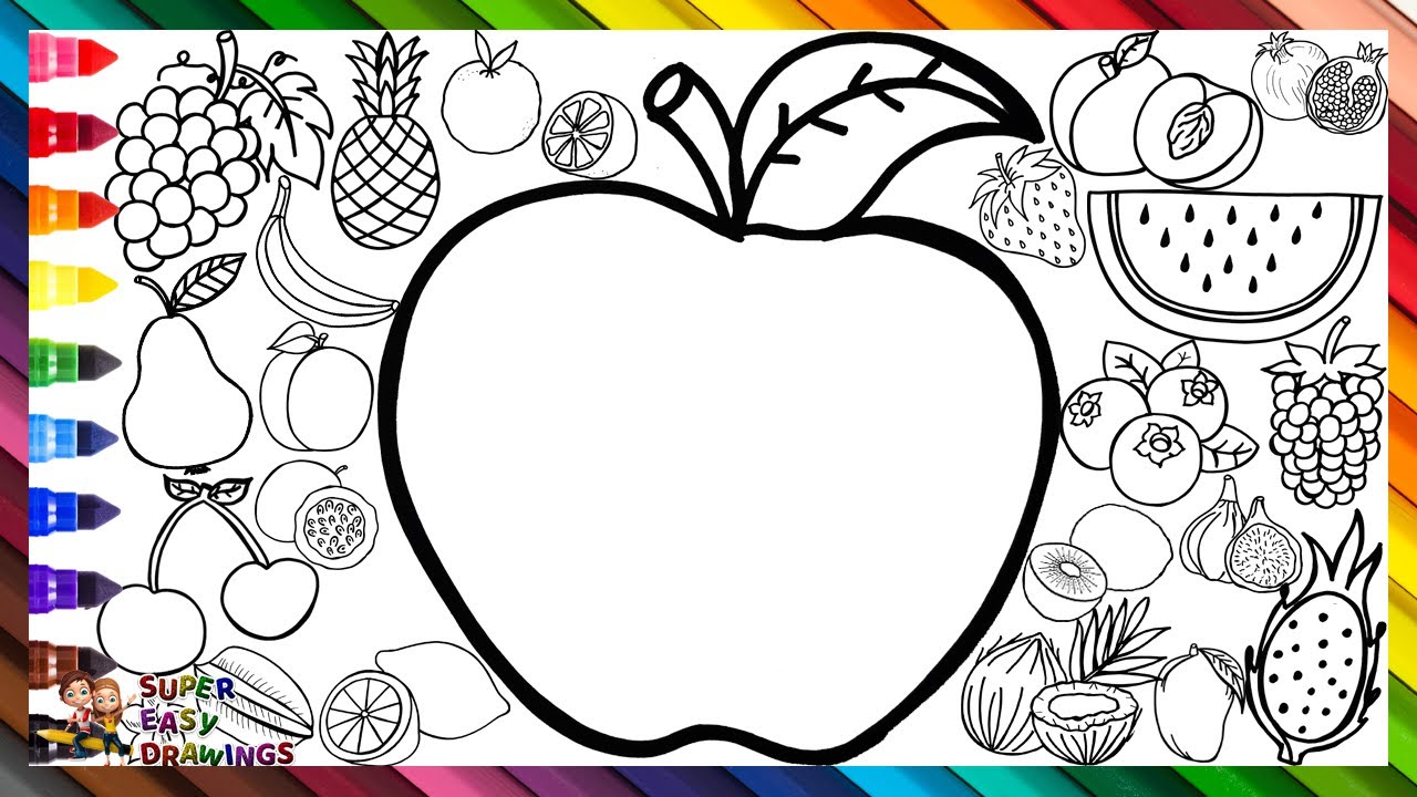 Draw and Color 23 Fruits 🍎🍊🍋🥝🍇🍉🍍🍌🍏🫐🍓🥭🍐🍈🍑🥥🍒 Drawings for Kids