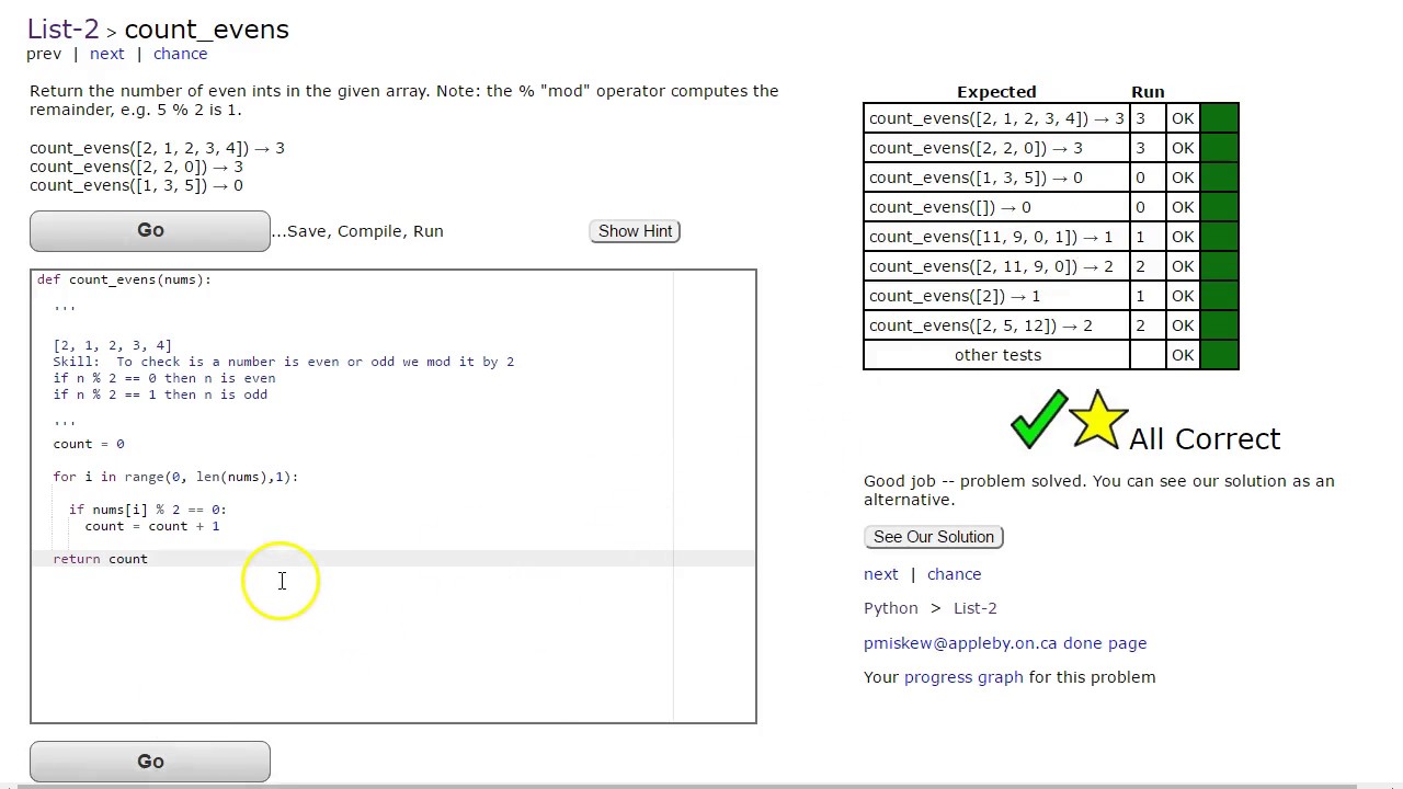 CodingBat - count_evens (Python - Lists 2)