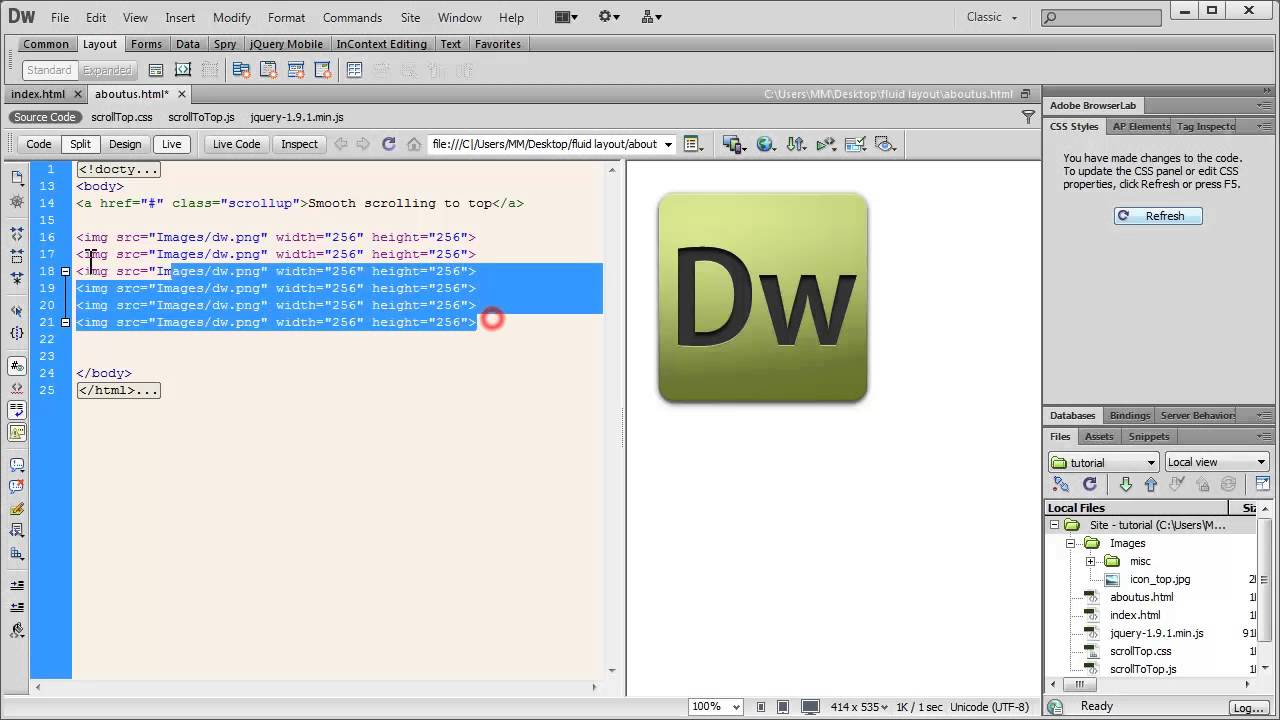 Dreamweaver and JQuery Tutorial : using scrollTop Method