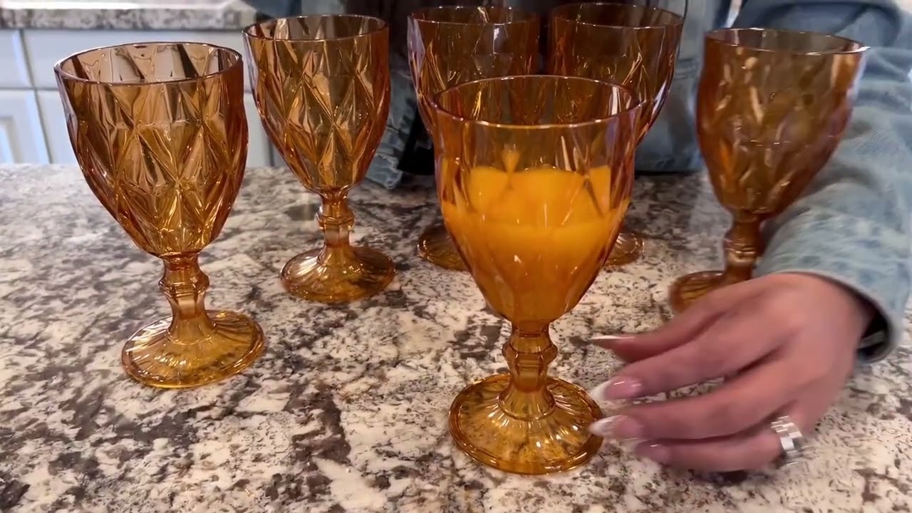 Vintage Wine Glasses Set of 6, Plastic Reusable 12 Ounce Colored Water Goblets, Beautiful & Durable!
