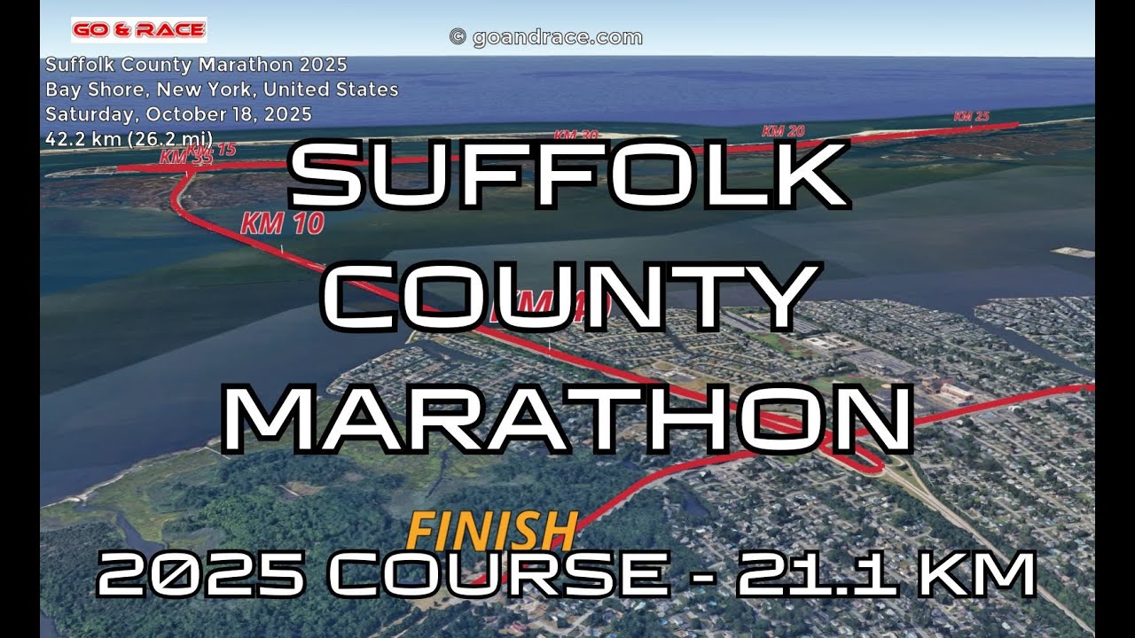 Suffolk County Marathon 2025: 3D Video Course Map | 42.2 km - Bay Shore