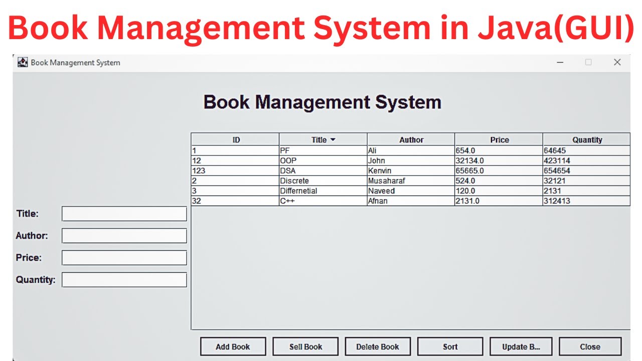 Efficient Books Management System Project in Java(GUI)with Add, Update, Sort, and Sell Functionality