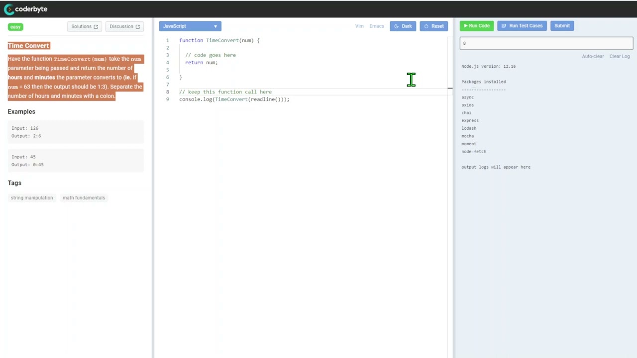 Time Convert - Interview assessment Coderbyte - Code challenge - Solution Source Code Answers