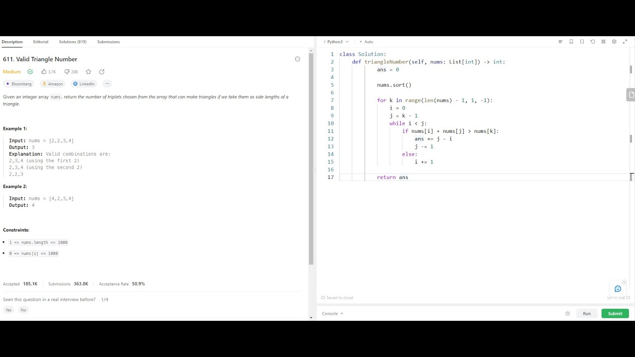 Bloomberg Interview Question - Valid Triangle Number- Leetcode 611- Python