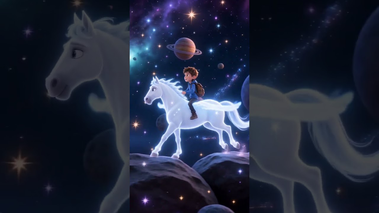 Kid Riding Horse in Space Universe 🌌🐎 | Galactic Adventure Cartoon (30 Sec)”