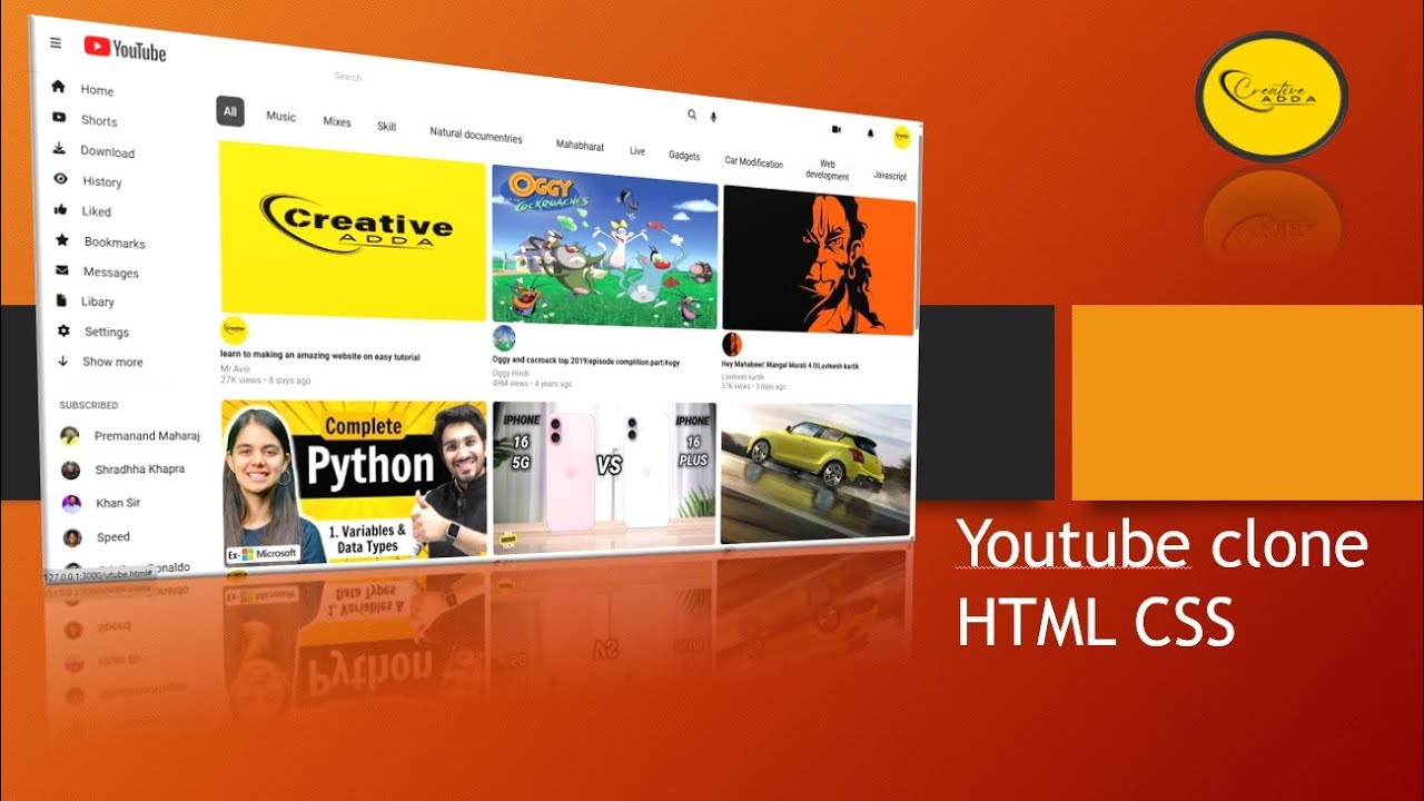 YouTube Clone Using HTML and CSS @Creative_adda2