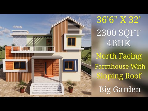 2300 SQFT North Facing Farmhouse Front Elevation Design | 36'6' X 32' 4BHK Plan | 3D Home Plan #WT29