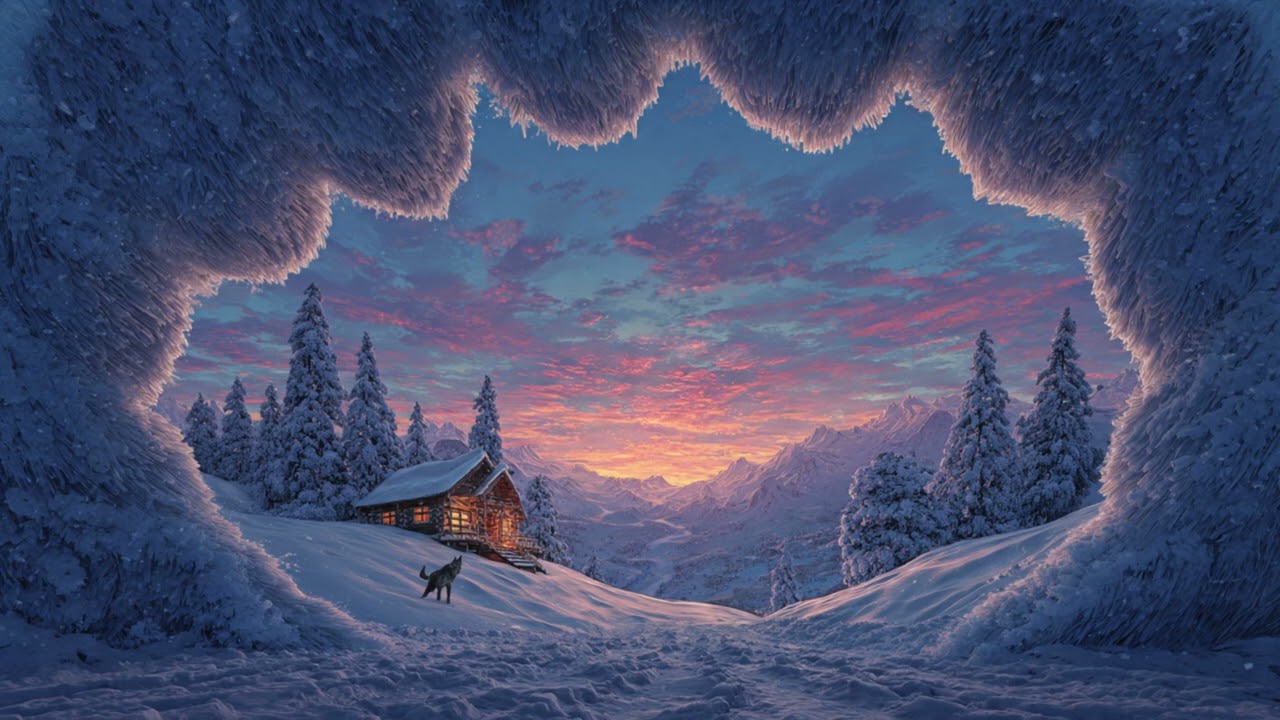 Frozen Cave Winter View ❄️ Cozy Cabin & Wolf | Relaxing Ambience Wallpaper 4K #4k #new #viral